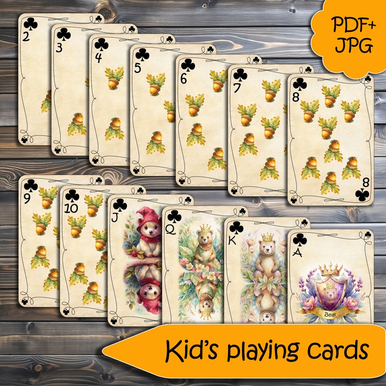 Printable Full Playing Cards Deck for Kids PDF JPG. Board Game for ...