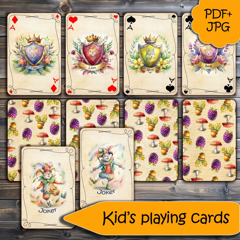 Printable Full Playing Cards Deck for Kids PDF JPG. Board Game for ...