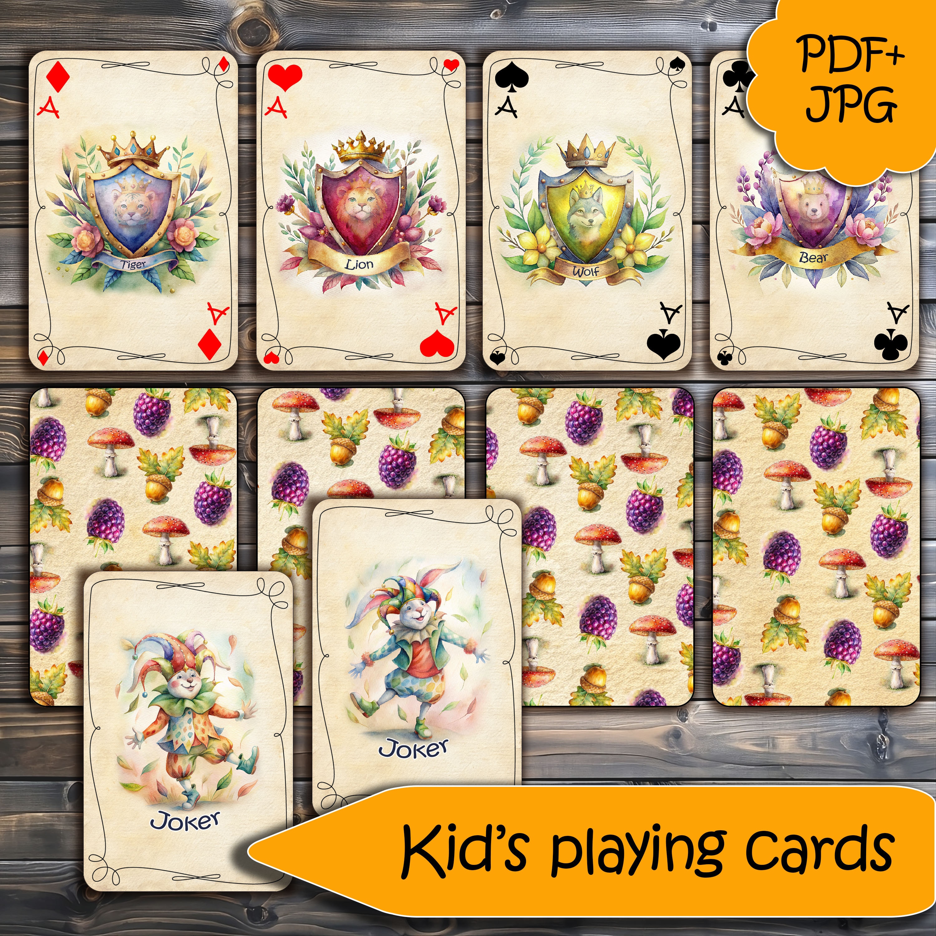 Printable Full Playing Cards Deck for Kids PDF JPG. Board Game for ...