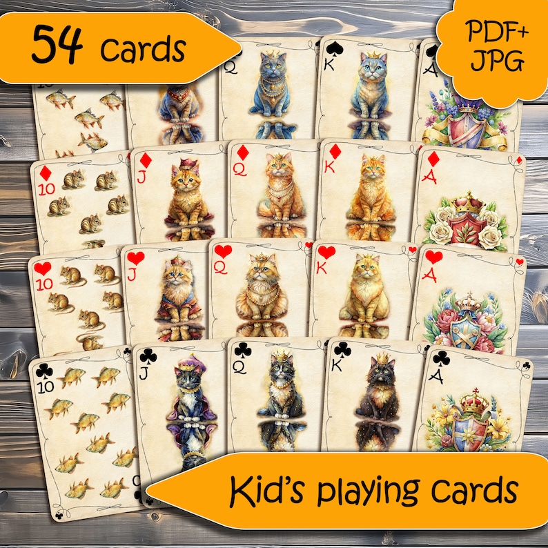 Printable Full Playing Cards Deck for Kids PDF JPG. Board Game for ...