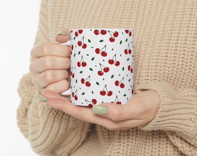 Big Glass Coffee Mugs Hand Painted Cherries and Flowers Set of 2-16 Oz ...