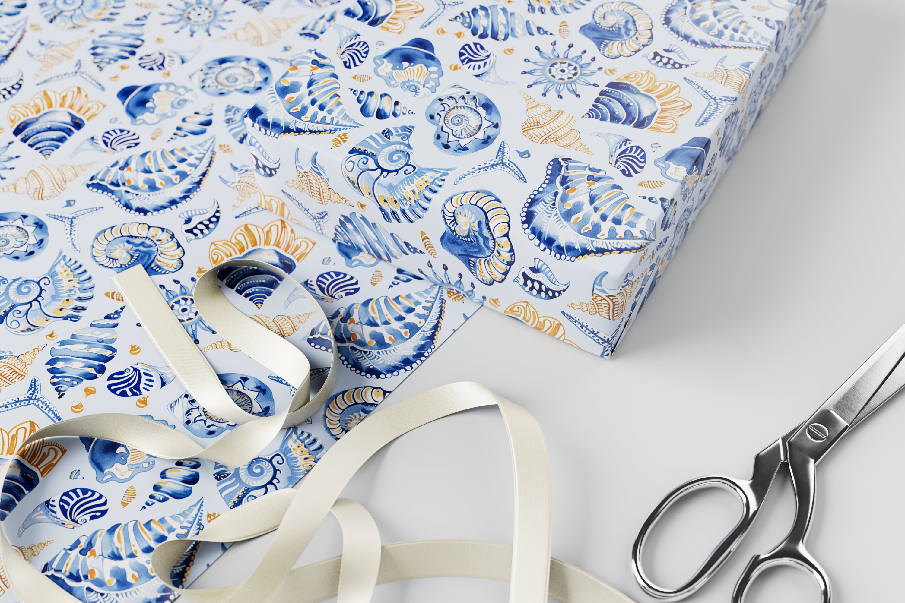 Sea Shells Wrapping Paper Premium Gift Wrap, Block Print Collection ...