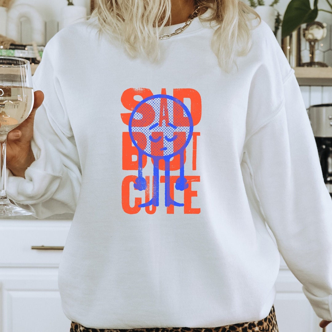 SAD BUT CUTE Sweatshirt, Sad Face Cartoon Graphic Sweater, Cute Sad ...