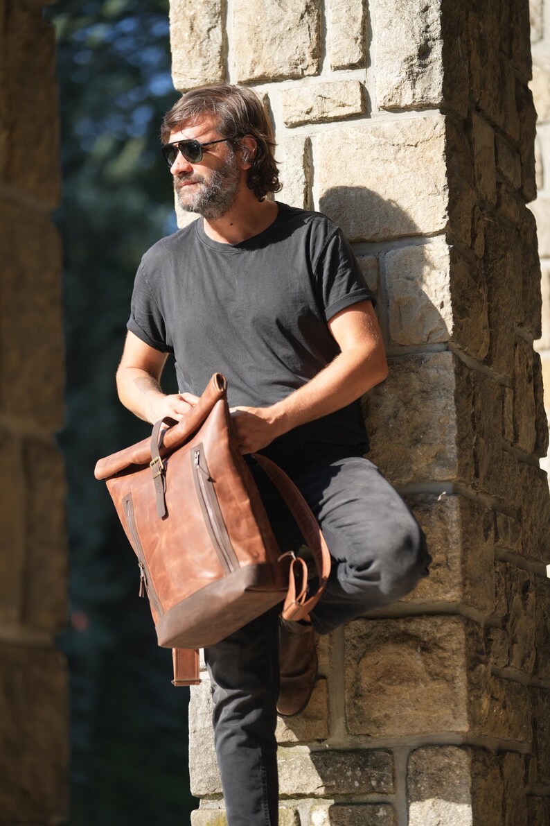 Leather Carry on Travel Backpack, Roll Top Cabin Bag, Personal Item ...