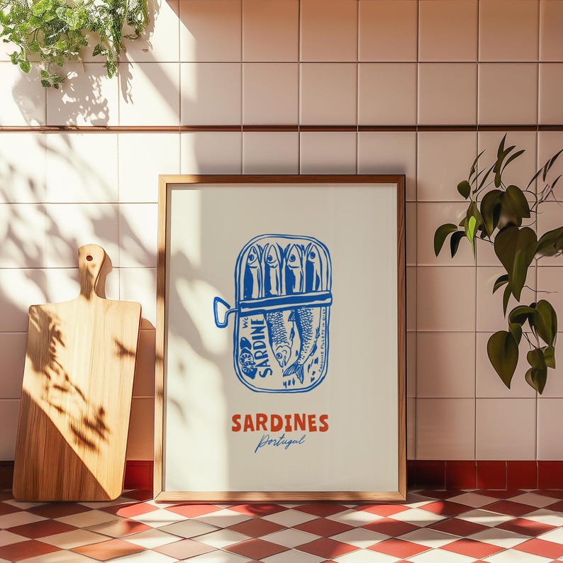 Sardines Print, Vintage Fish Poster, Retro Kitchen Wall Art, Colorful ...