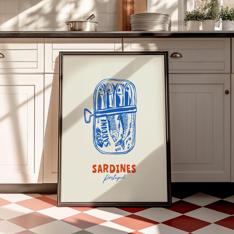 Sardines Print, Vintage Fish Poster, Retro Kitchen Wall Art, Colorful ...