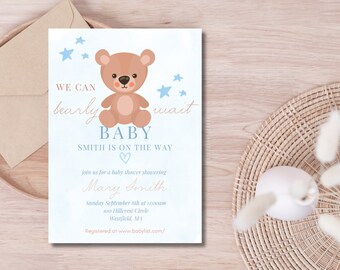 We Can Bearly Wait Baby Shower Invitation Bundle Editable Template Invite Boy Teddy Bear Baby ...