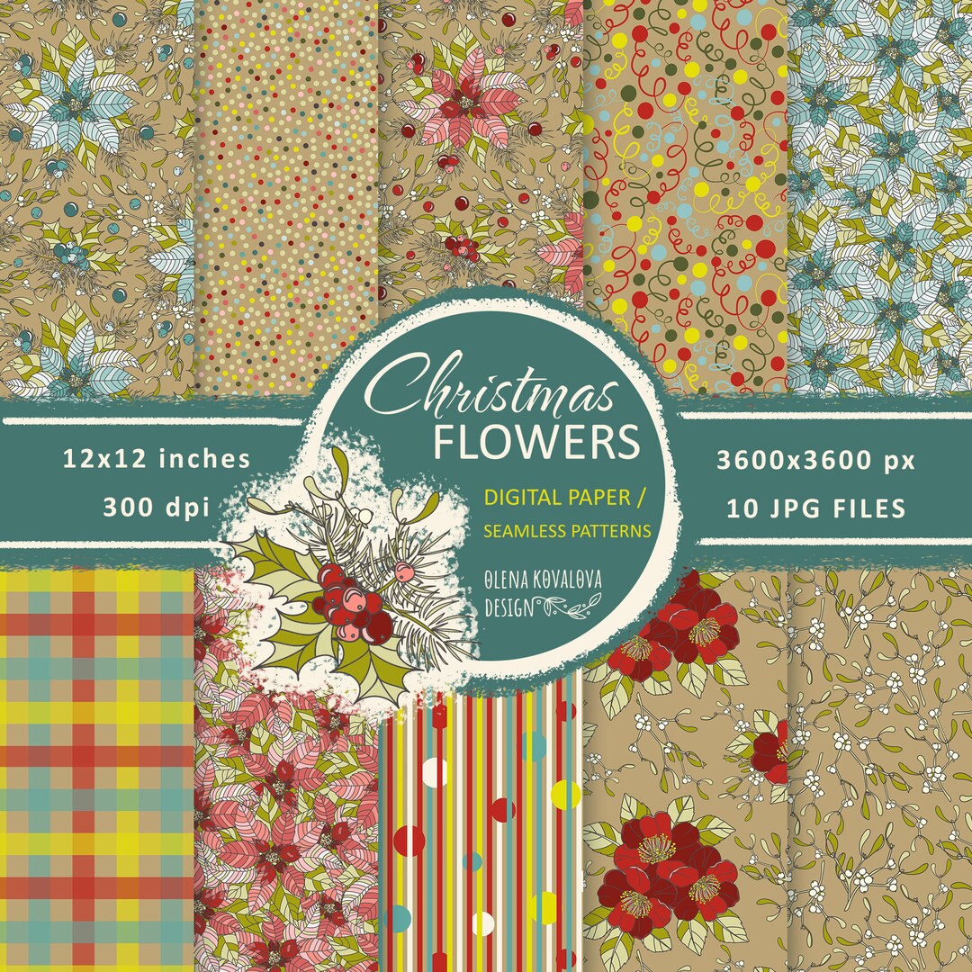 Christmas Flowers Digital Papers, Printable Seamless Holiday Patterns ...