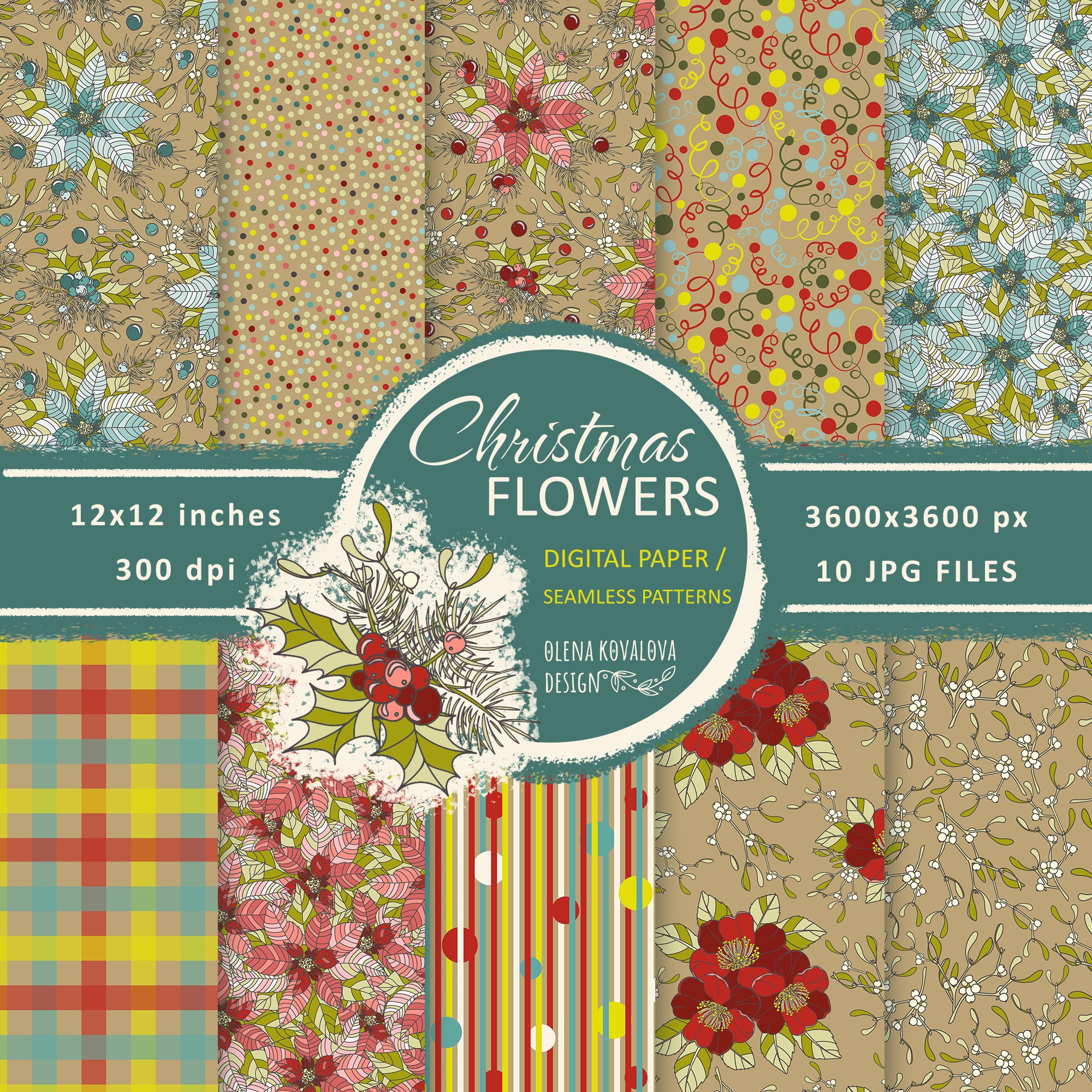 Christmas Flowers Digital Papers, Printable Seamless Holiday Patterns ...