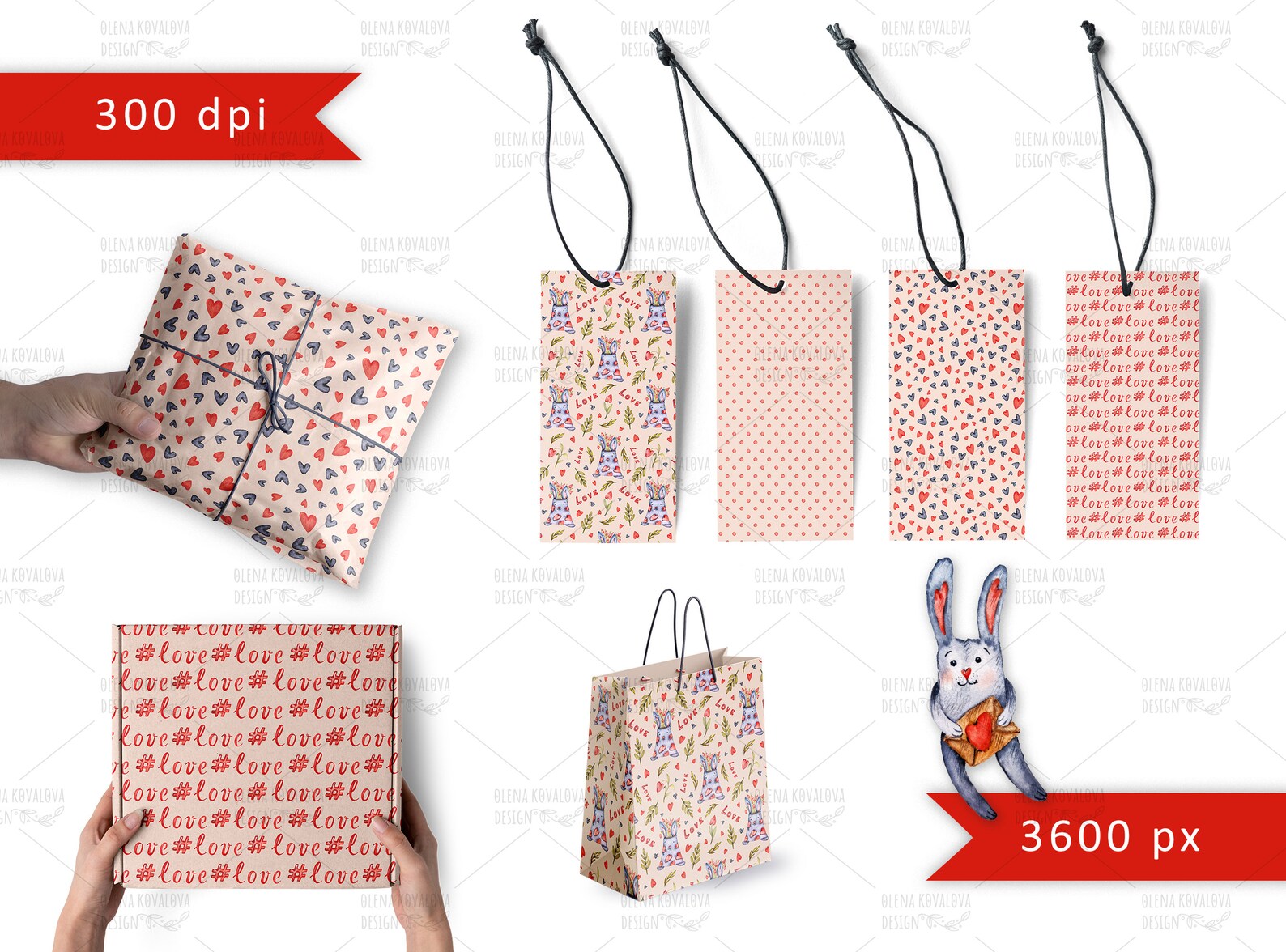 Valentine Bunny Digital Papers, Watercolor Seamless Patterns Full of ...