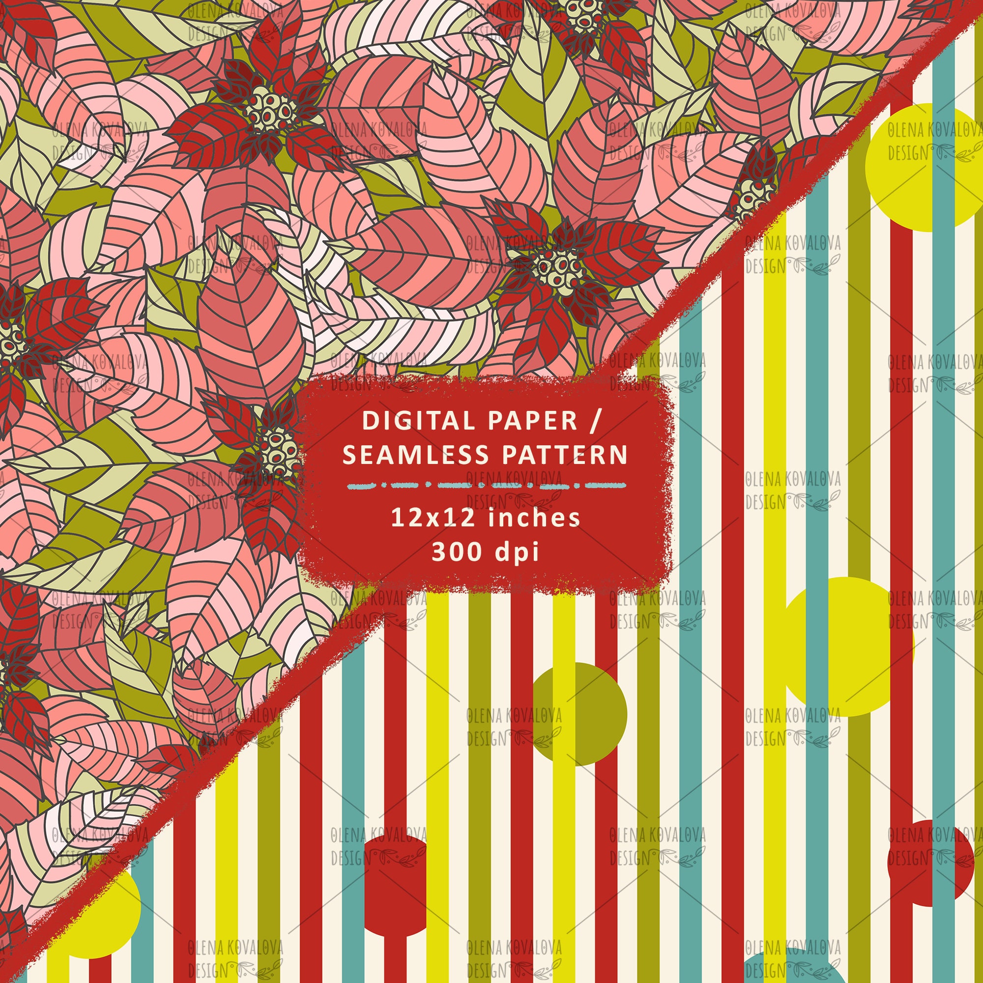 Christmas Flowers Digital Papers, Printable Seamless Holiday Patterns ...