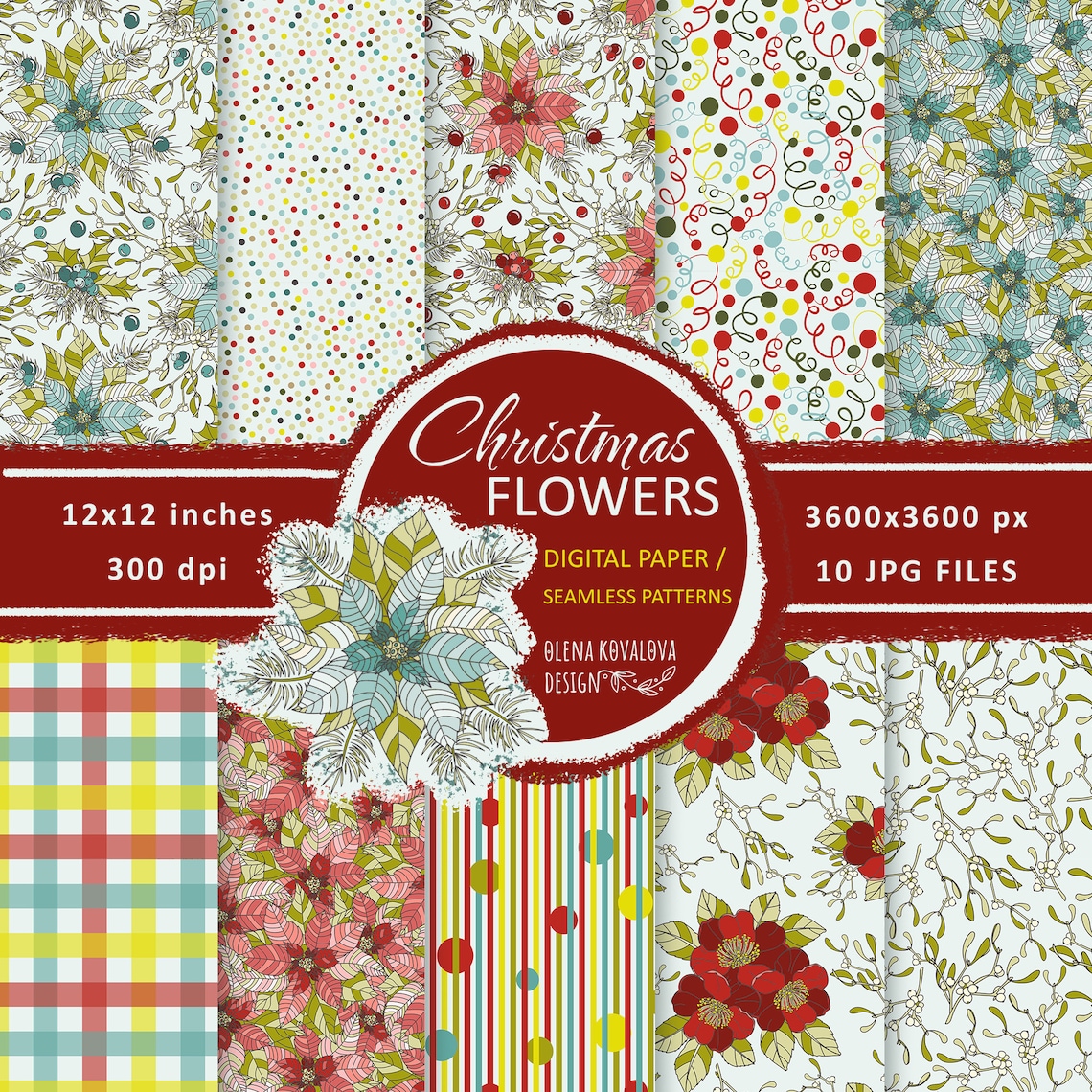 Christmas Flowers Digital Papers, Printable Seamless Holiday Patterns ...