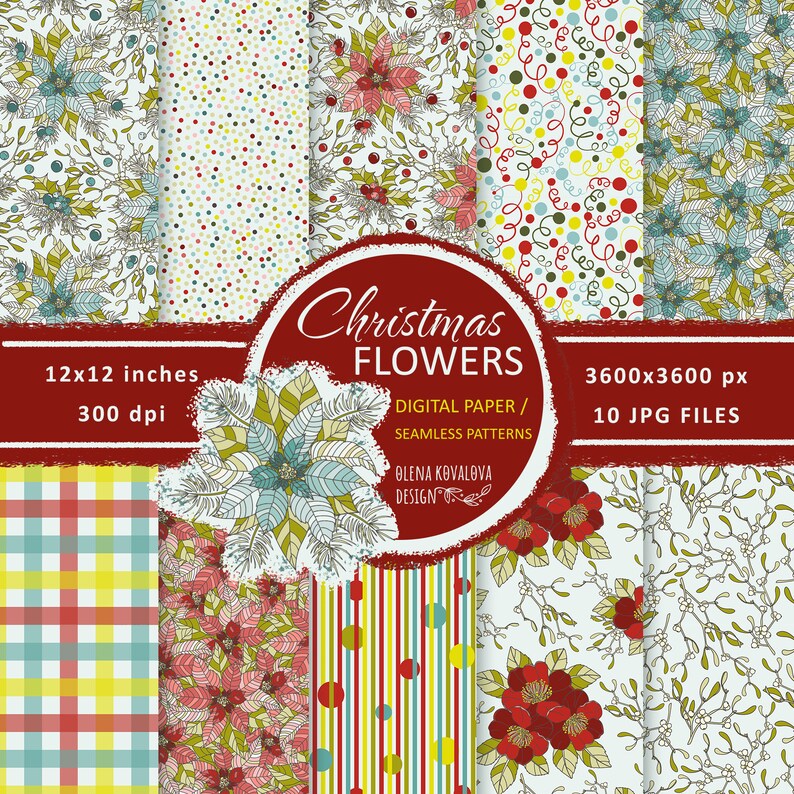 Christmas Flowers Digital Papers, Printable Seamless Holiday Patterns ...