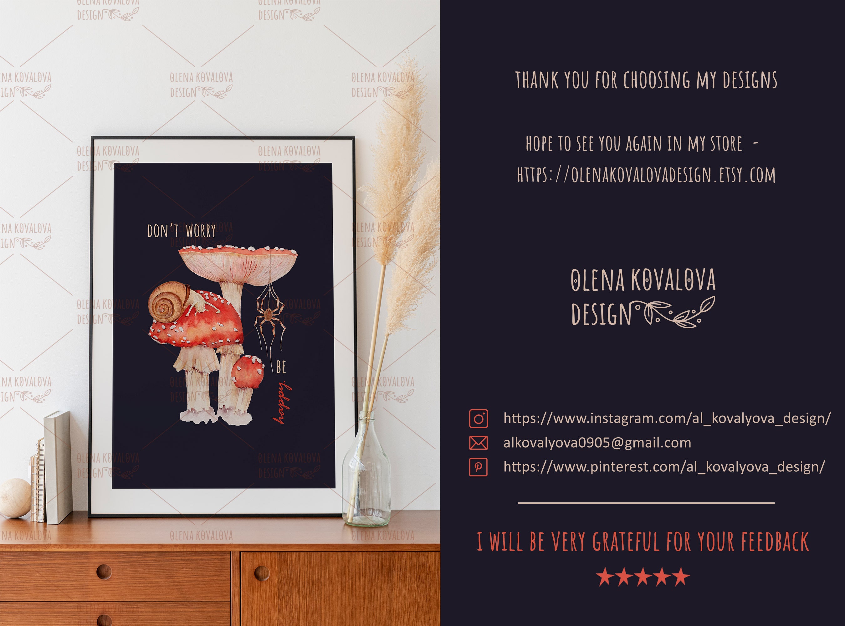 Mushrooms Watercolor Cute Decor Prints Motivational Quotes Wall Art ...