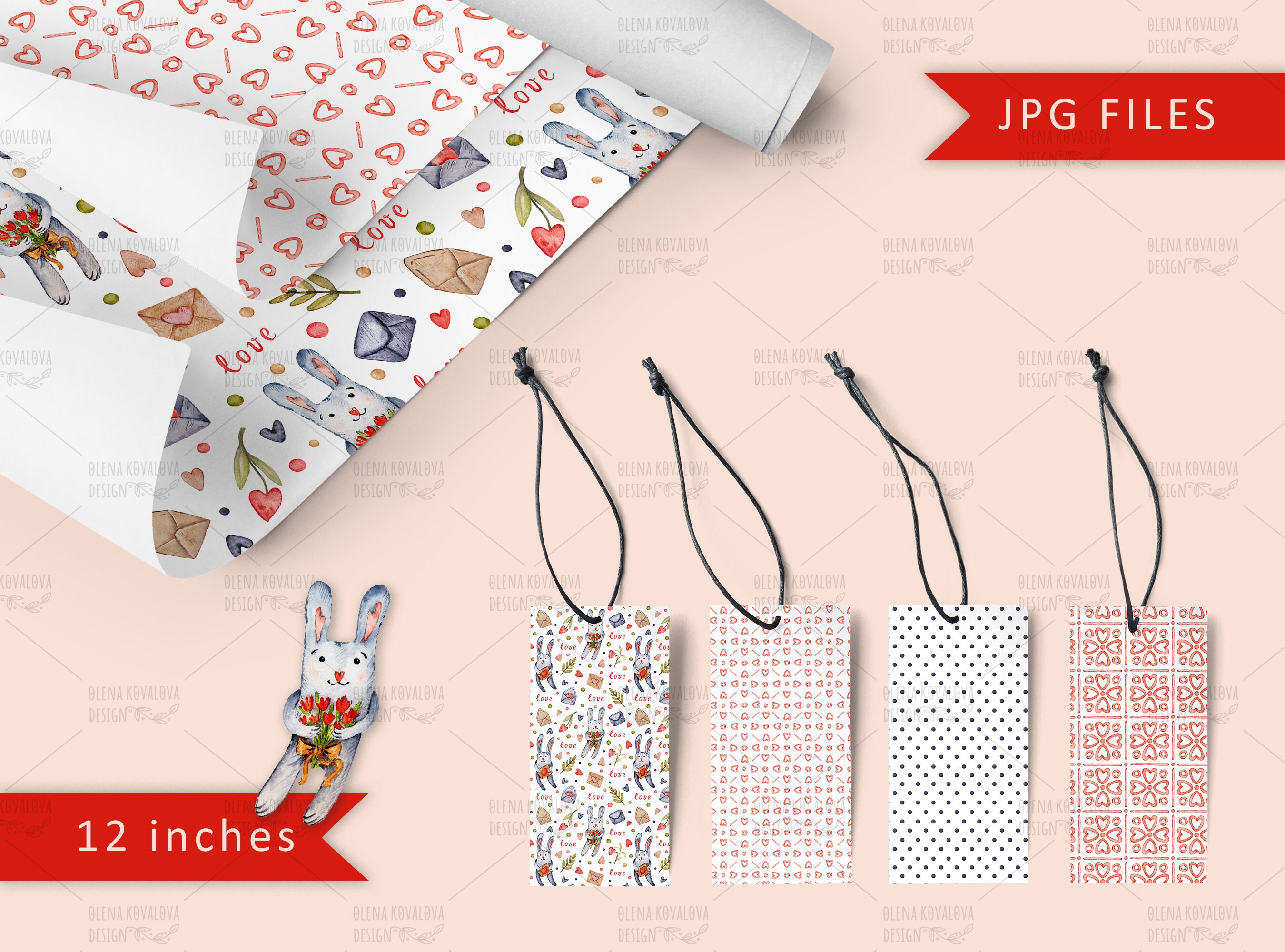 Valentine Bunny Digital Papers, Watercolor Seamless Patterns Full of ...