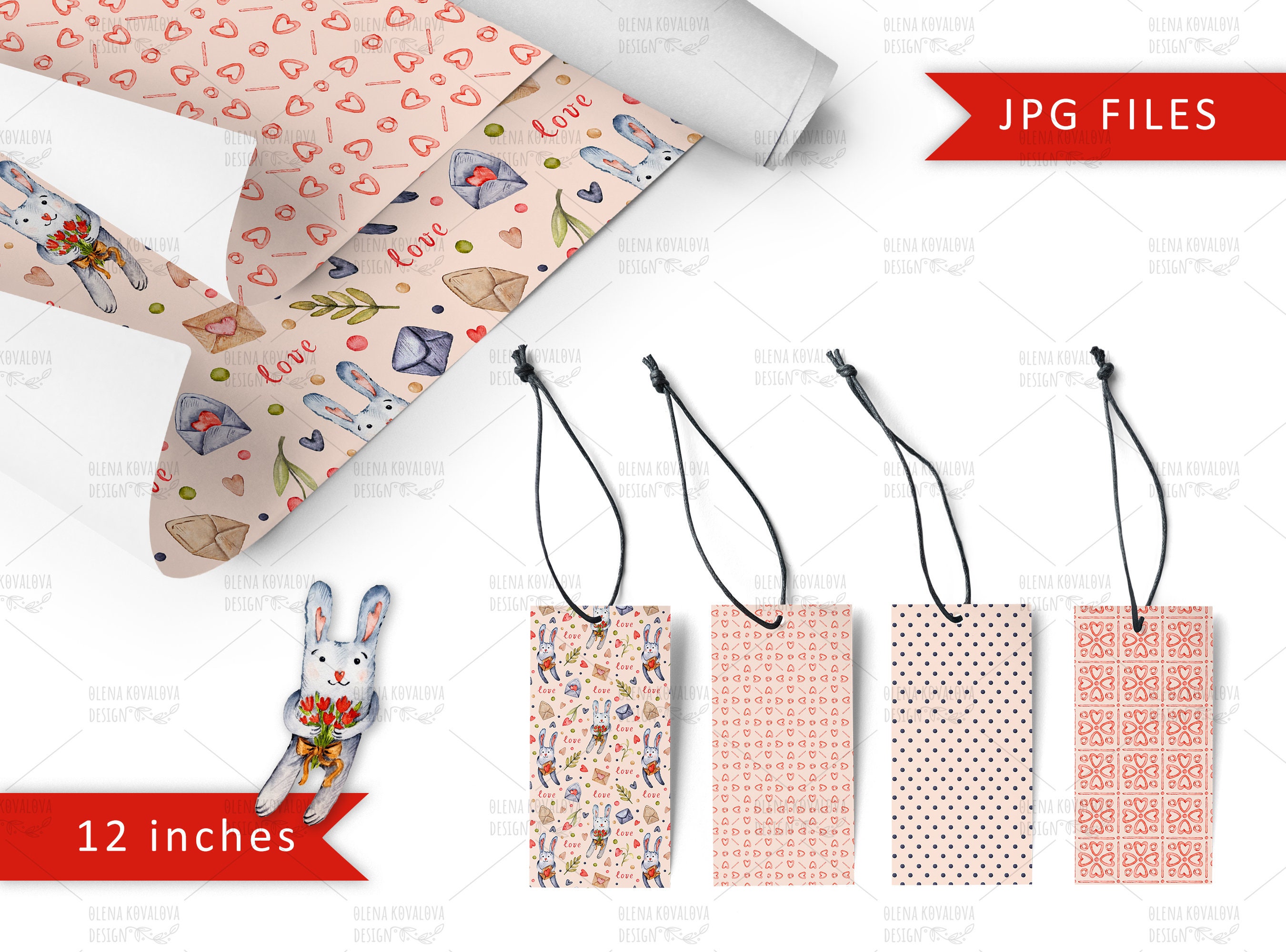 Valentine Bunny Digital Papers, Watercolor Seamless Patterns Full of ...