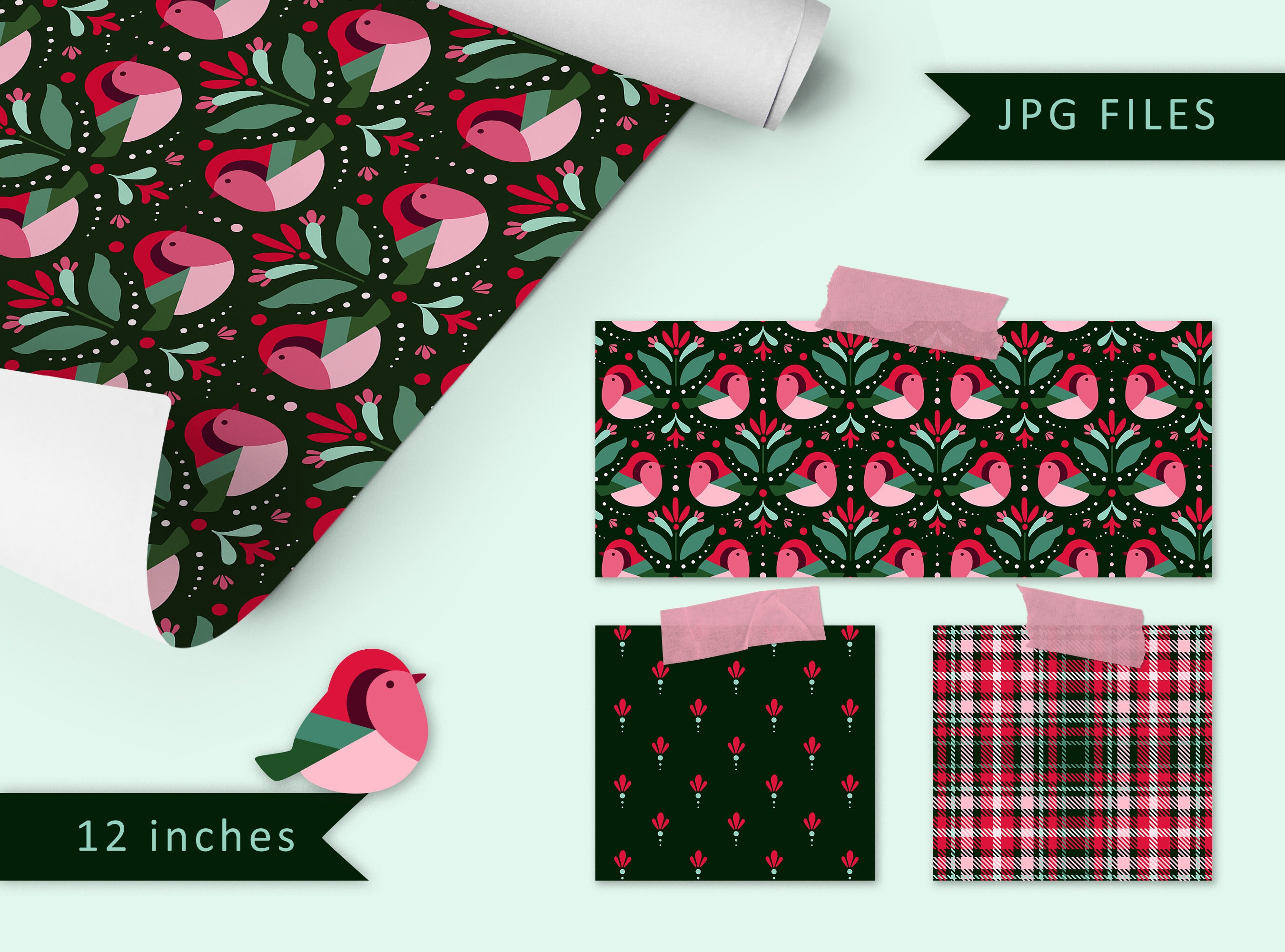 Dark Green Digital Paper for Holiday Gifts, Birds Floral Leaves Dots ...