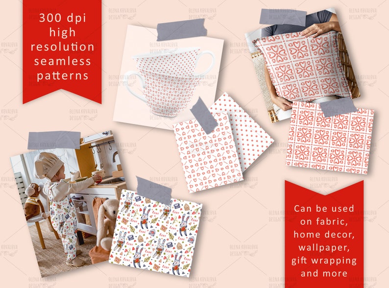 Valentine Bunny Digital Papers, Watercolor Seamless Patterns Full of ...