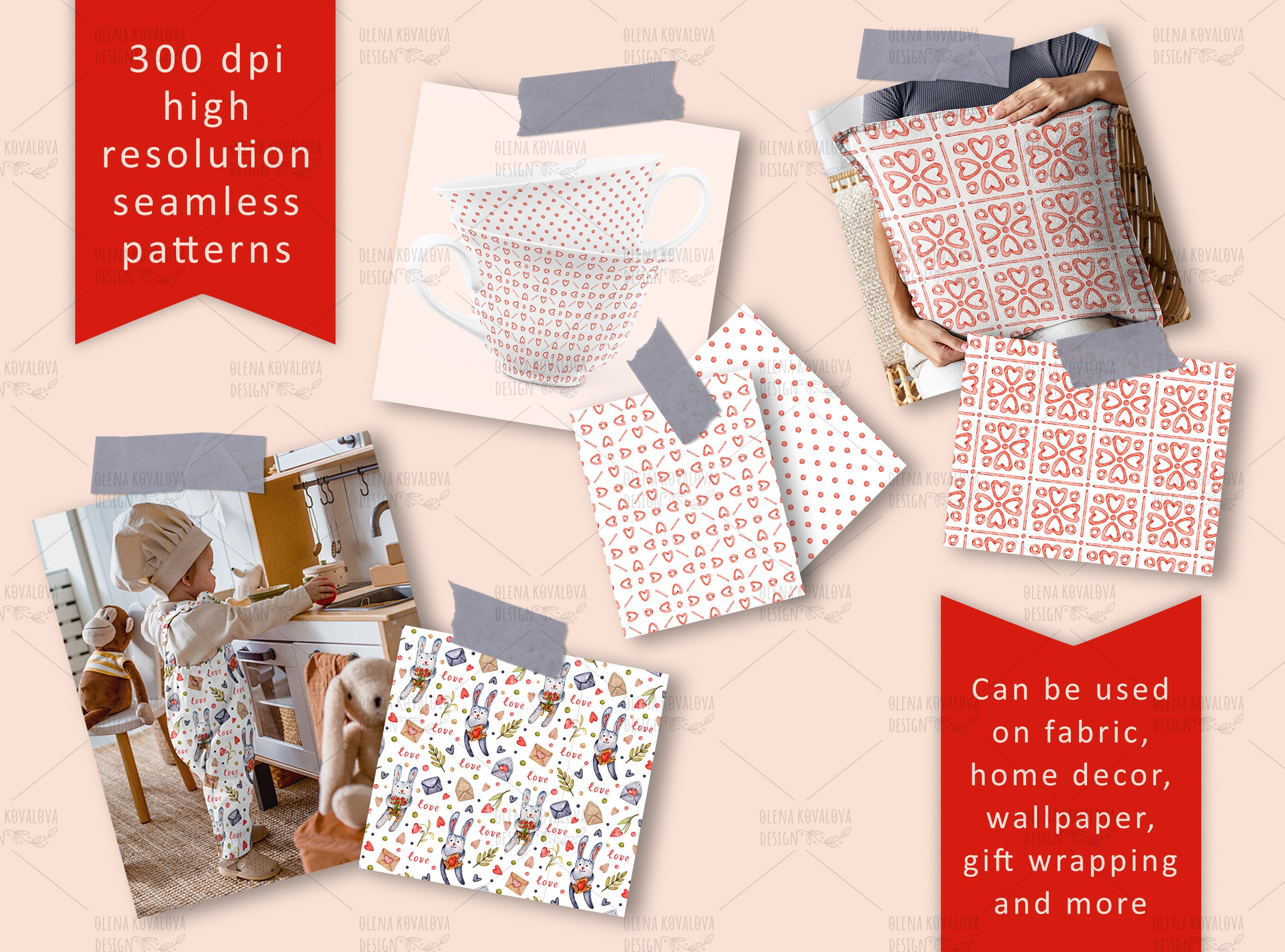 Valentine Bunny Digital Papers, Watercolor Seamless Patterns Full of ...