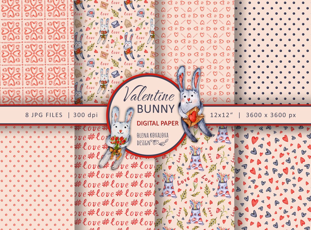 Valentine Bunny Digital Papers, Watercolor Seamless Patterns Full of ...