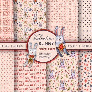 Valentine Bunny Digital Papers, Watercolor Seamless Patterns Full of ...
