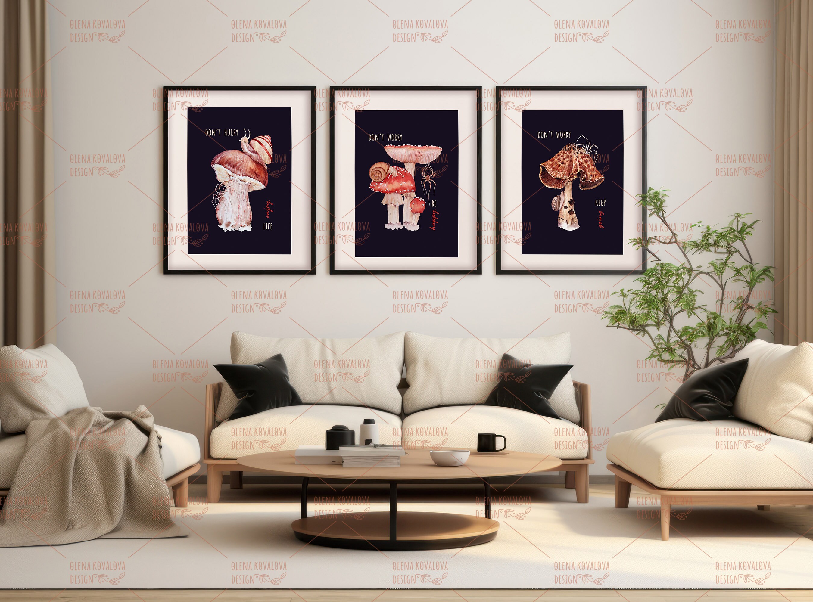 Mushrooms Watercolor Cute Decor Prints Motivational Quotes Wall Art ...