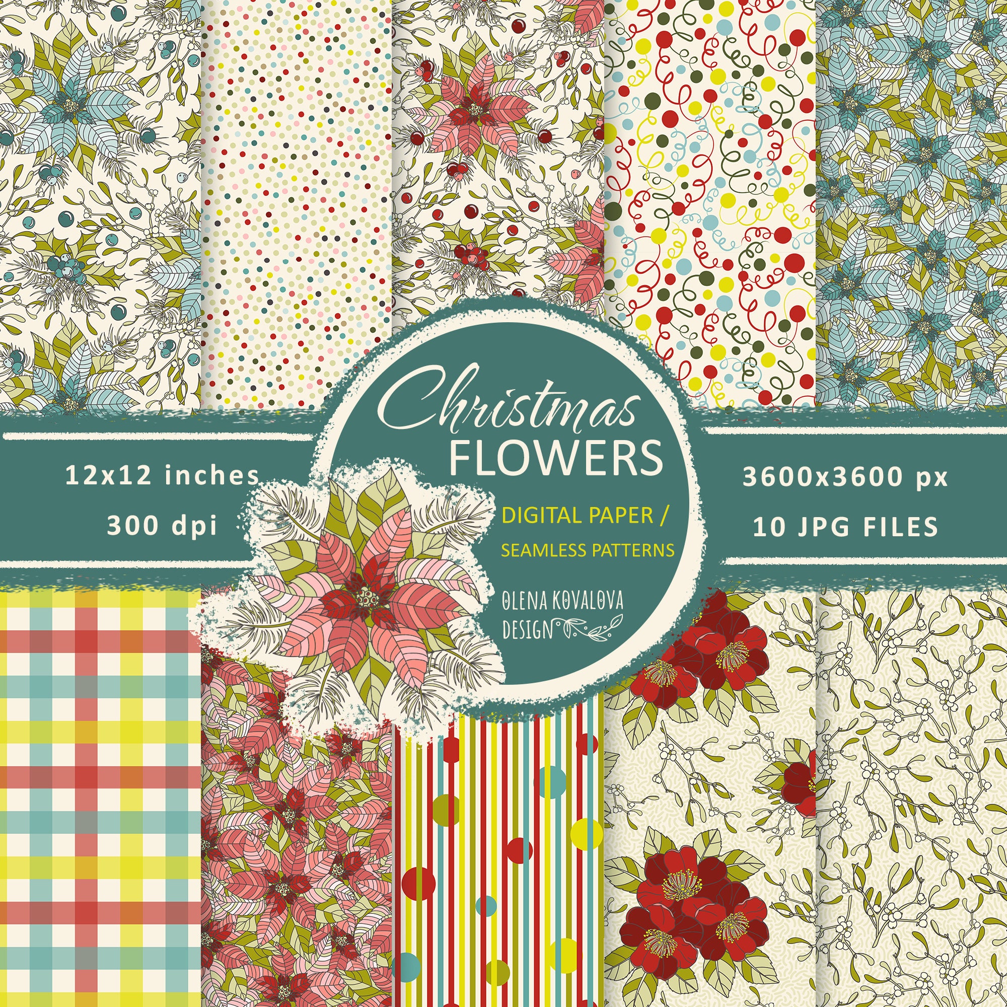 Christmas Flowers Digital Papers, Printable Seamless Holiday Patterns ...
