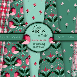 Teal Digital Paper for Holiday Gifts, Birds Floral Leaves Dots ...