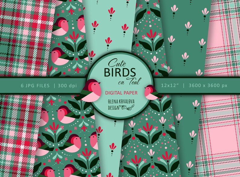 Teal Digital Paper for Holiday Gifts, Birds Floral Leaves Dots ...