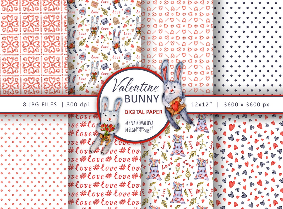 Valentine Bunny Digital Papers, Watercolor Seamless Patterns Full of ...