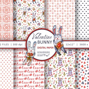 Valentine Bunny Digital Papers, Watercolor Seamless Patterns Full of ...