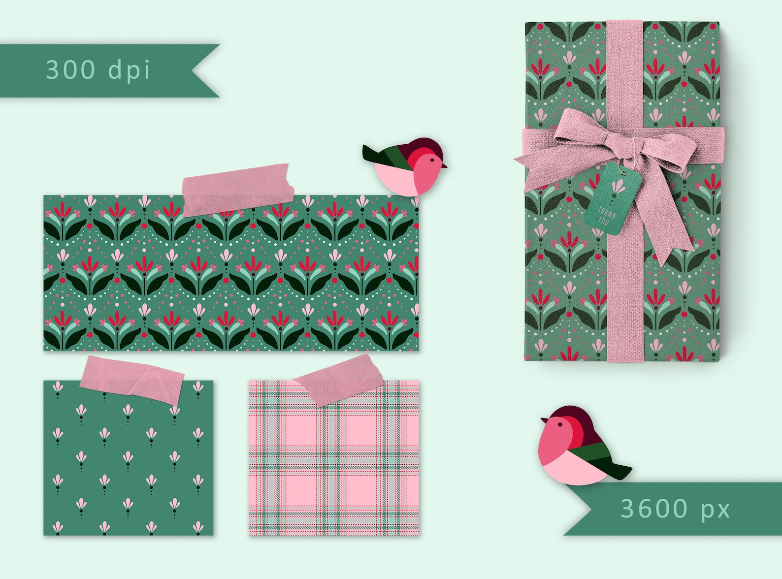 Teal Digital Paper for Holiday Gifts, Birds Floral Leaves Dots ...