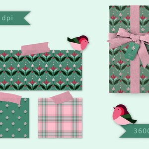 Teal Digital Paper for Holiday Gifts, Birds Floral Leaves Dots ...