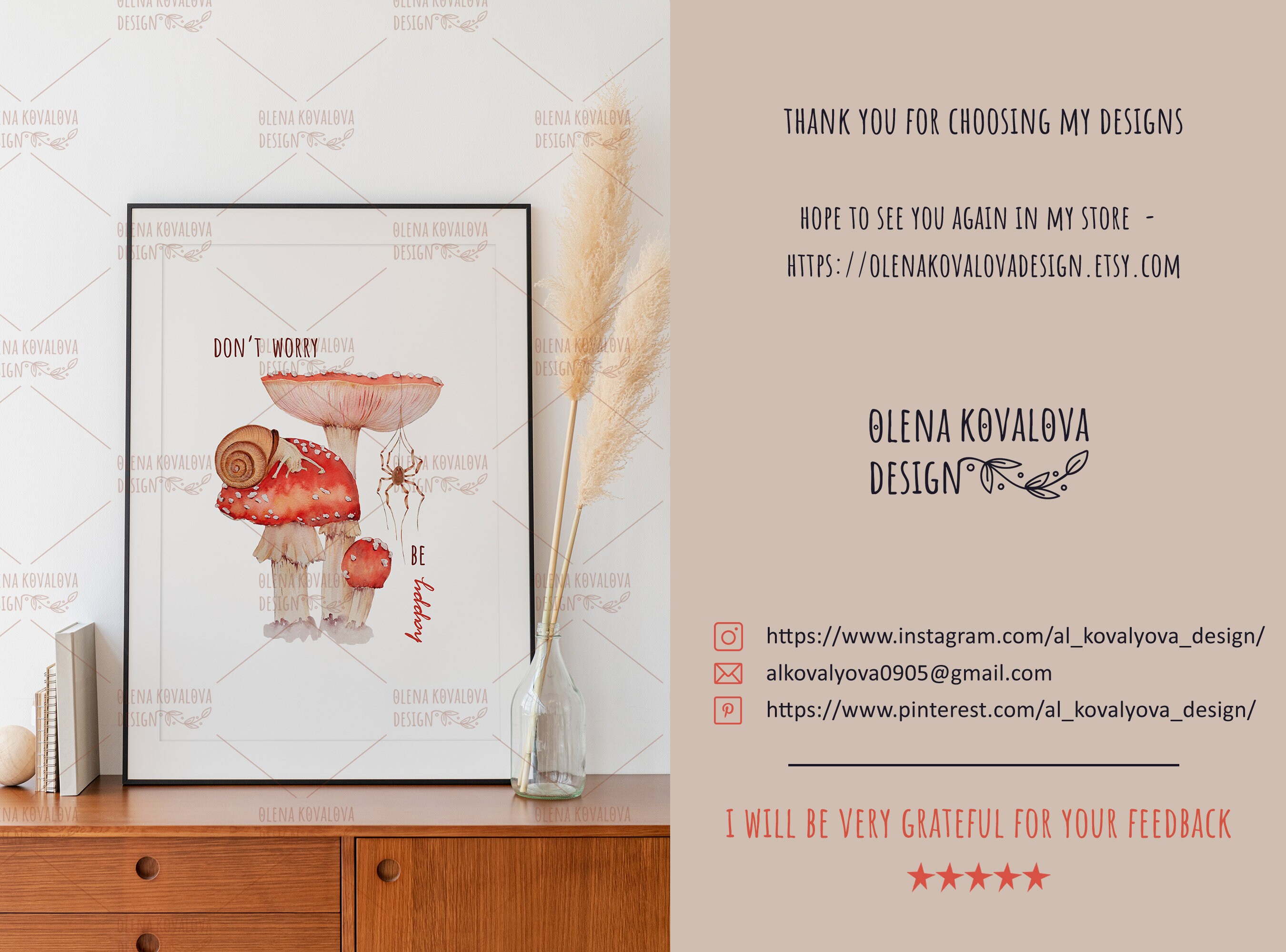 Mushrooms Watercolor Cute Decor Prints Motivational Quotes Wall Art ...