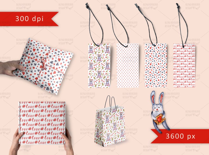 Valentine Bunny Digital Papers, Watercolor Seamless Patterns Full of ...