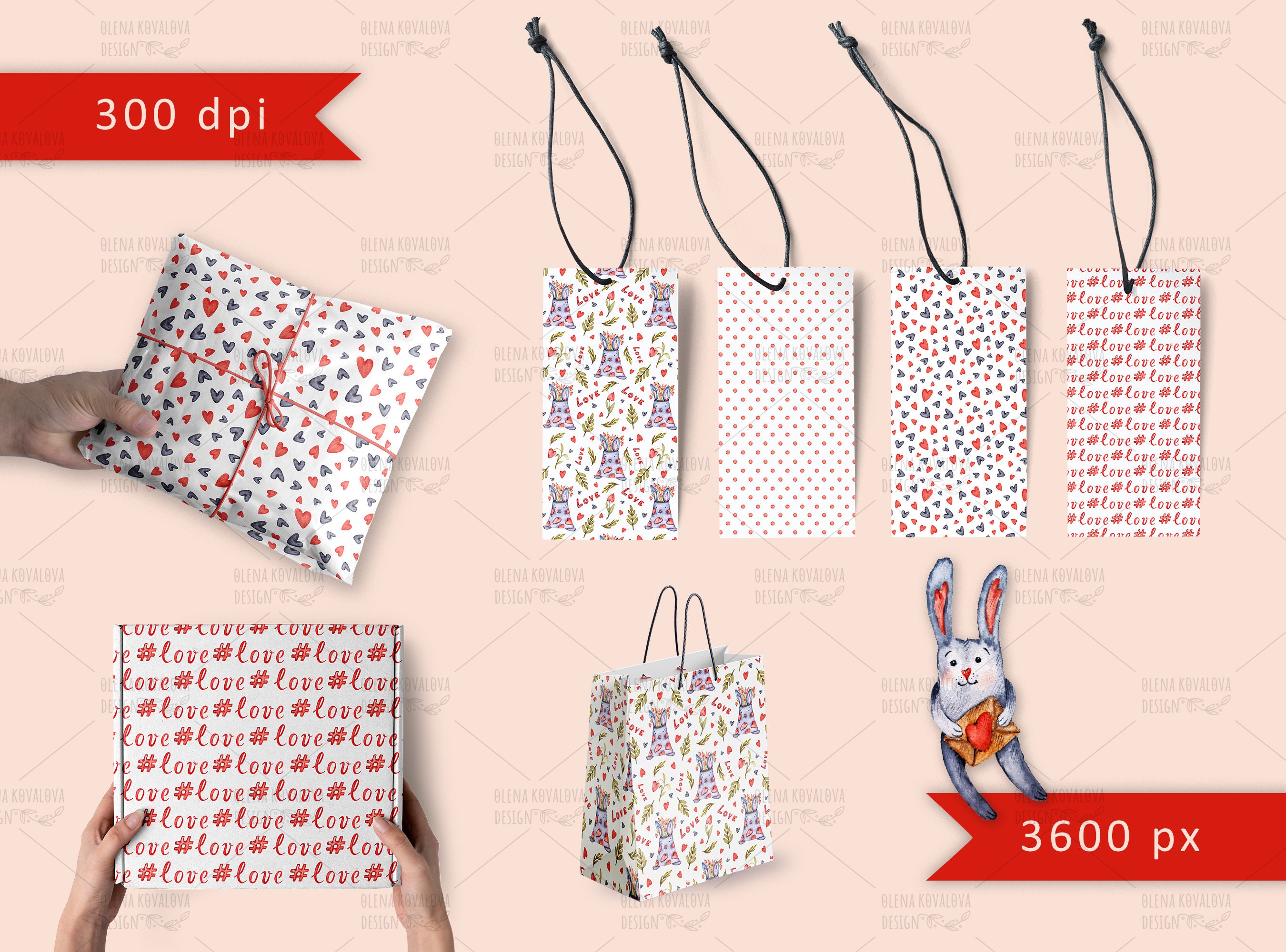 Valentine Bunny Digital Papers, Watercolor Seamless Patterns Full of ...