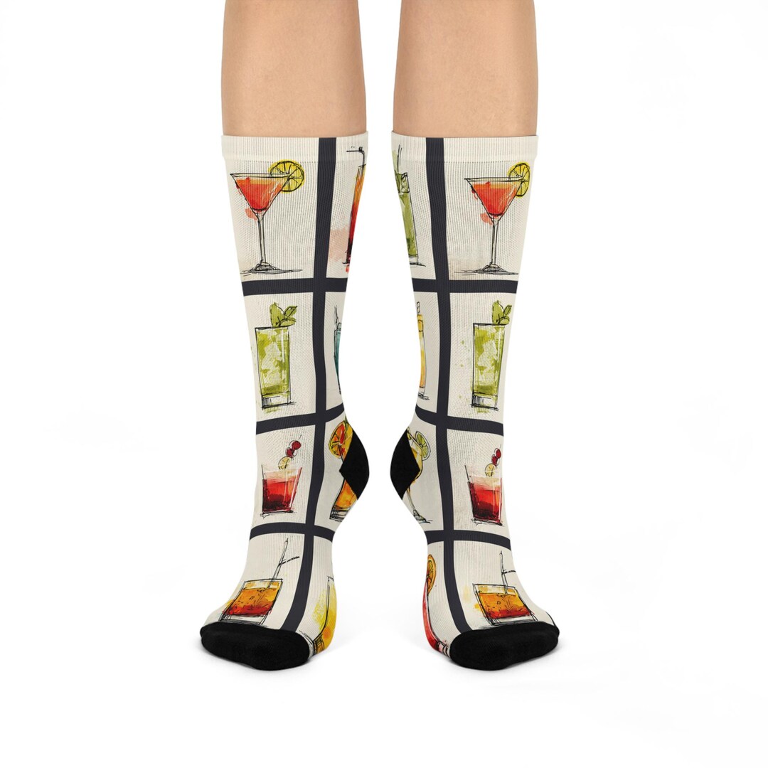 Vibrant Cocktail Crew Socks: Fun Patterned Lounge Wear - Etsy