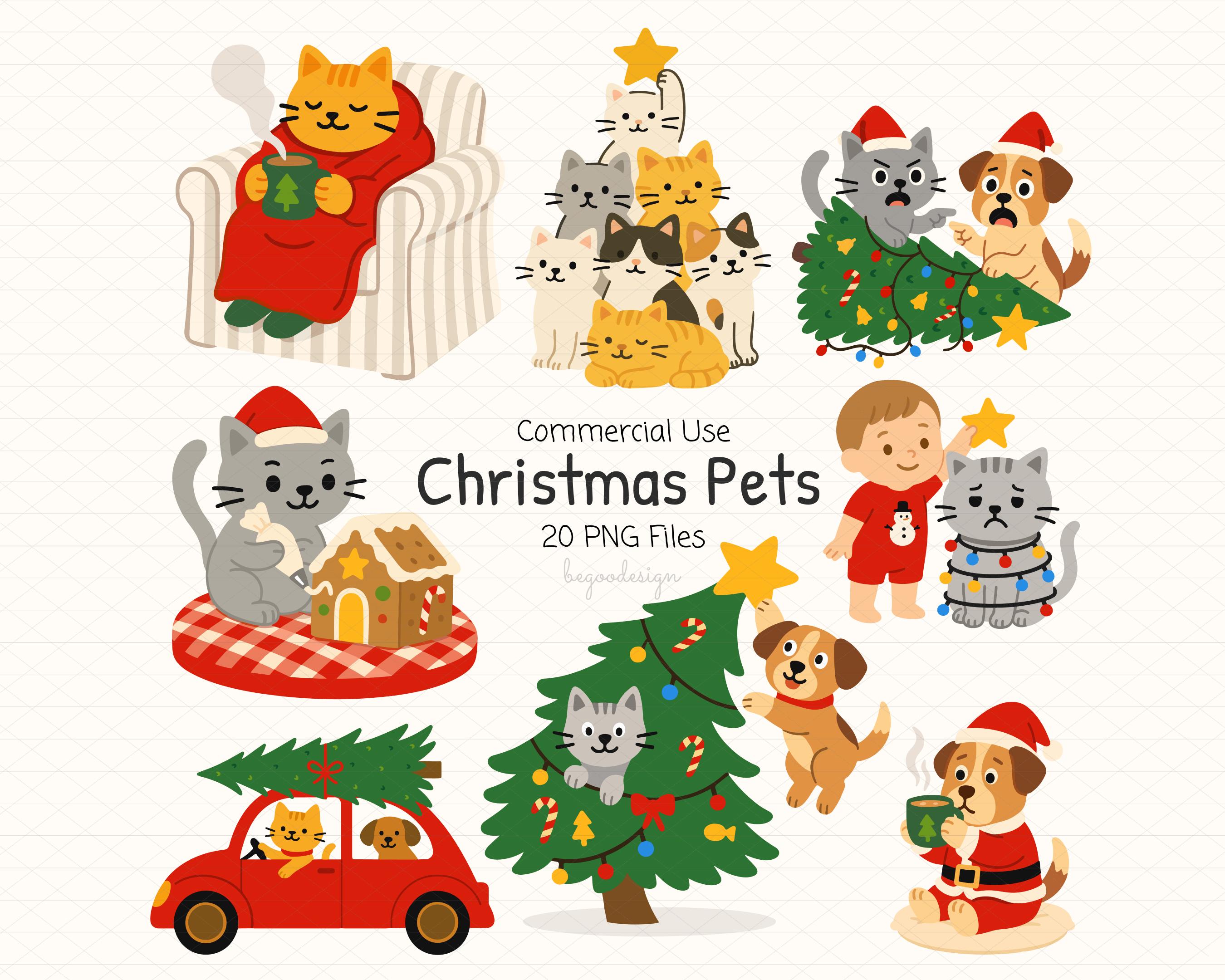 Cute Christmas Cats and Dogs Clipart, Kawaii Xmas Pets (PNG, Commercial ...