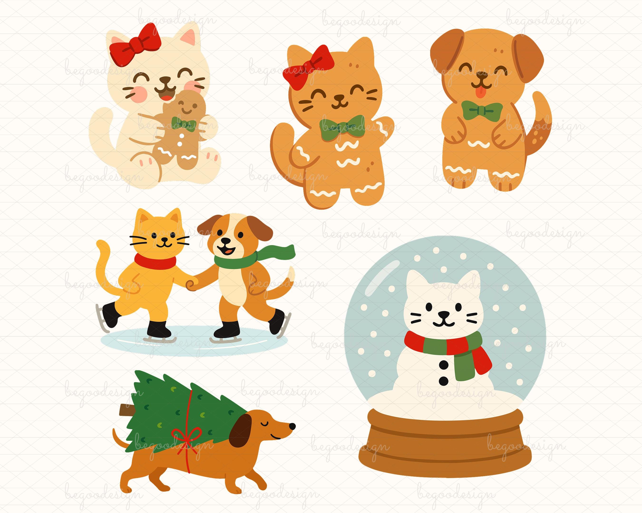 Cute Christmas Cats and Dogs Clipart, Kawaii Xmas Pets (PNG, Commercial ...