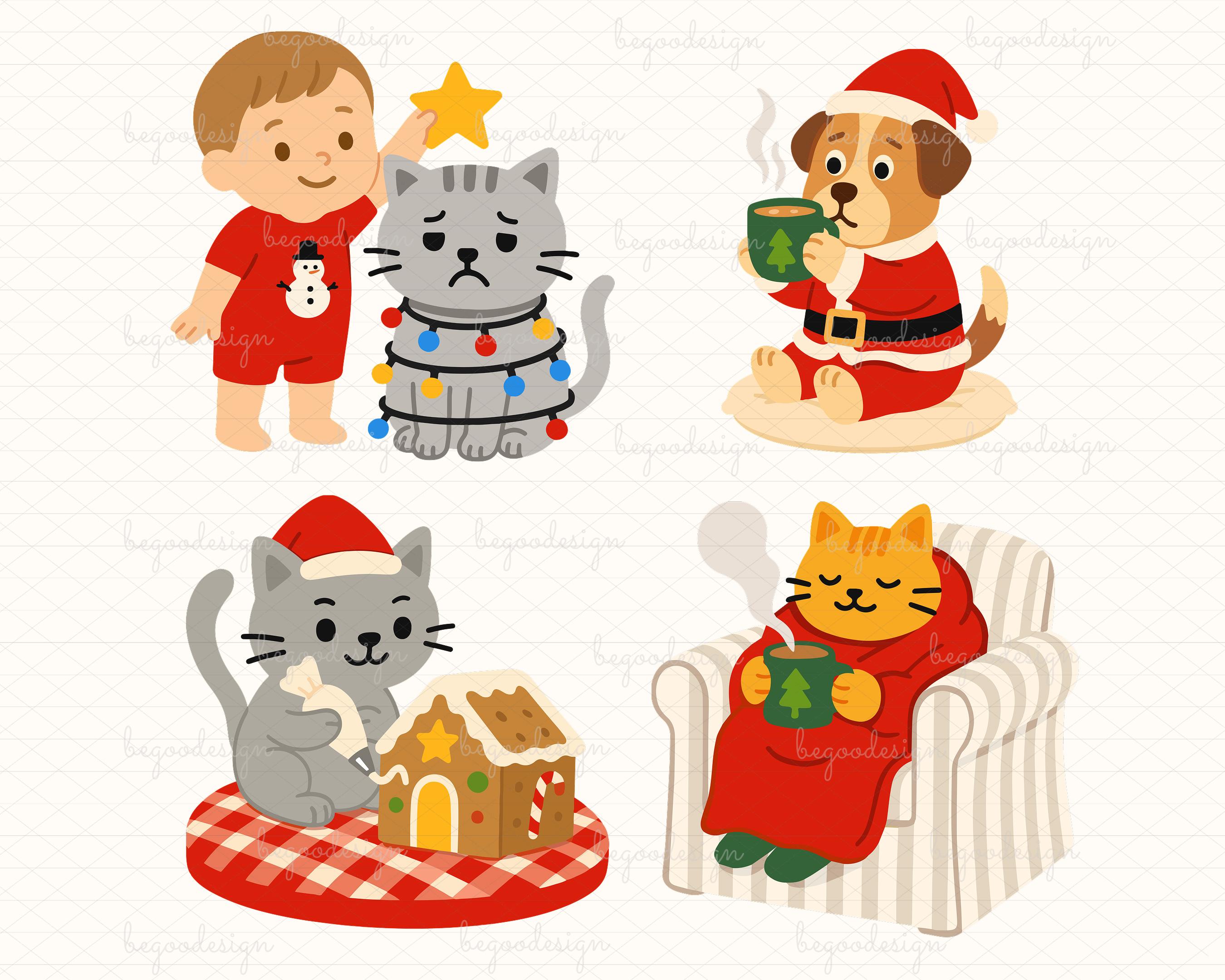 Cute Christmas Cats and Dogs Clipart, Kawaii Xmas Pets (PNG, Commercial ...