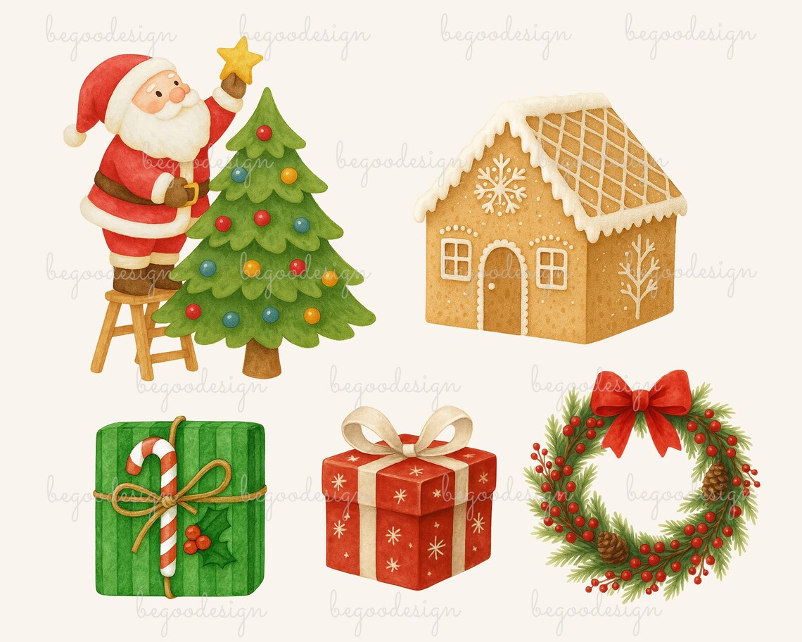 Watercolor Christmas Clipart: Santa, Snowman, Carousel, Fireplace ...