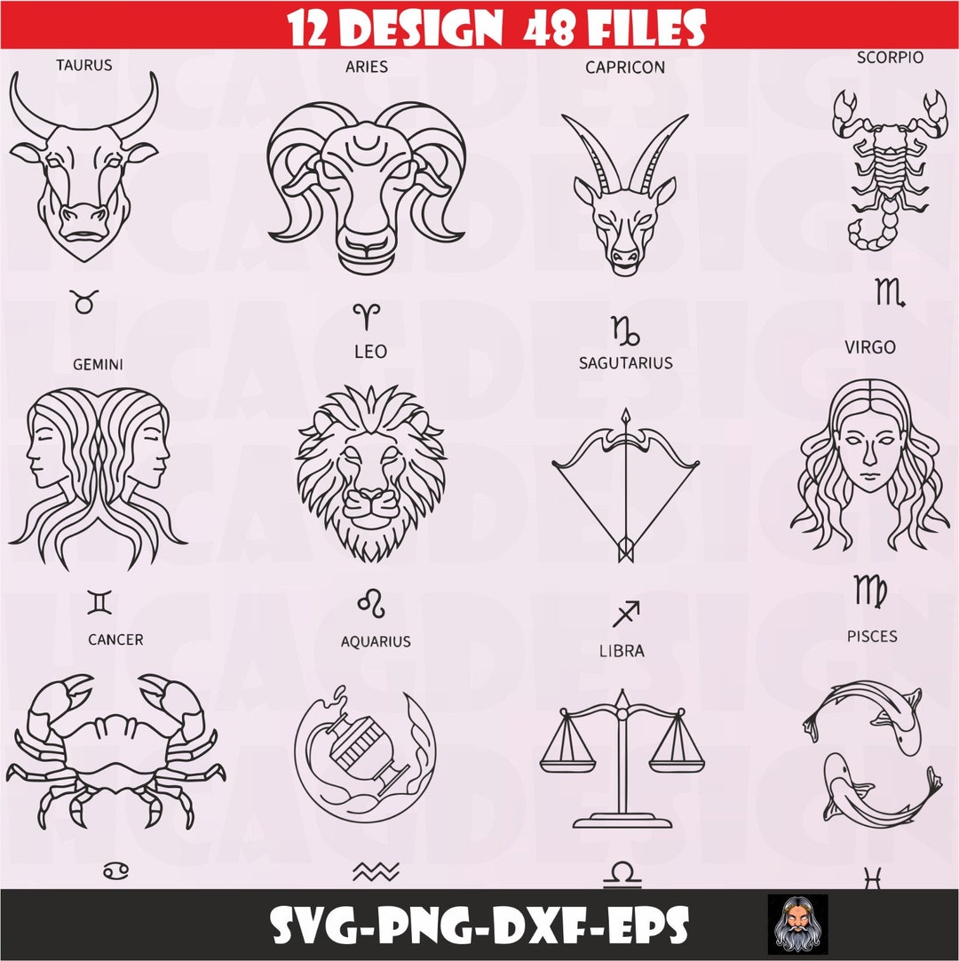 Zodiac Signs SVG Bundle, Horoscope SVG Bundle, Celestial Star Sign SVG ...