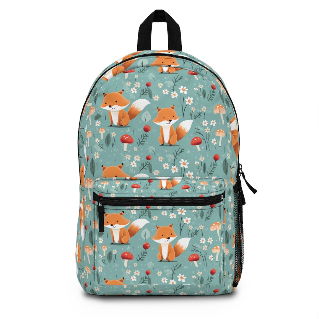Foxy School Bag, Cute Fox, Cute Mushroom, Teal Colored, Cheerful ...