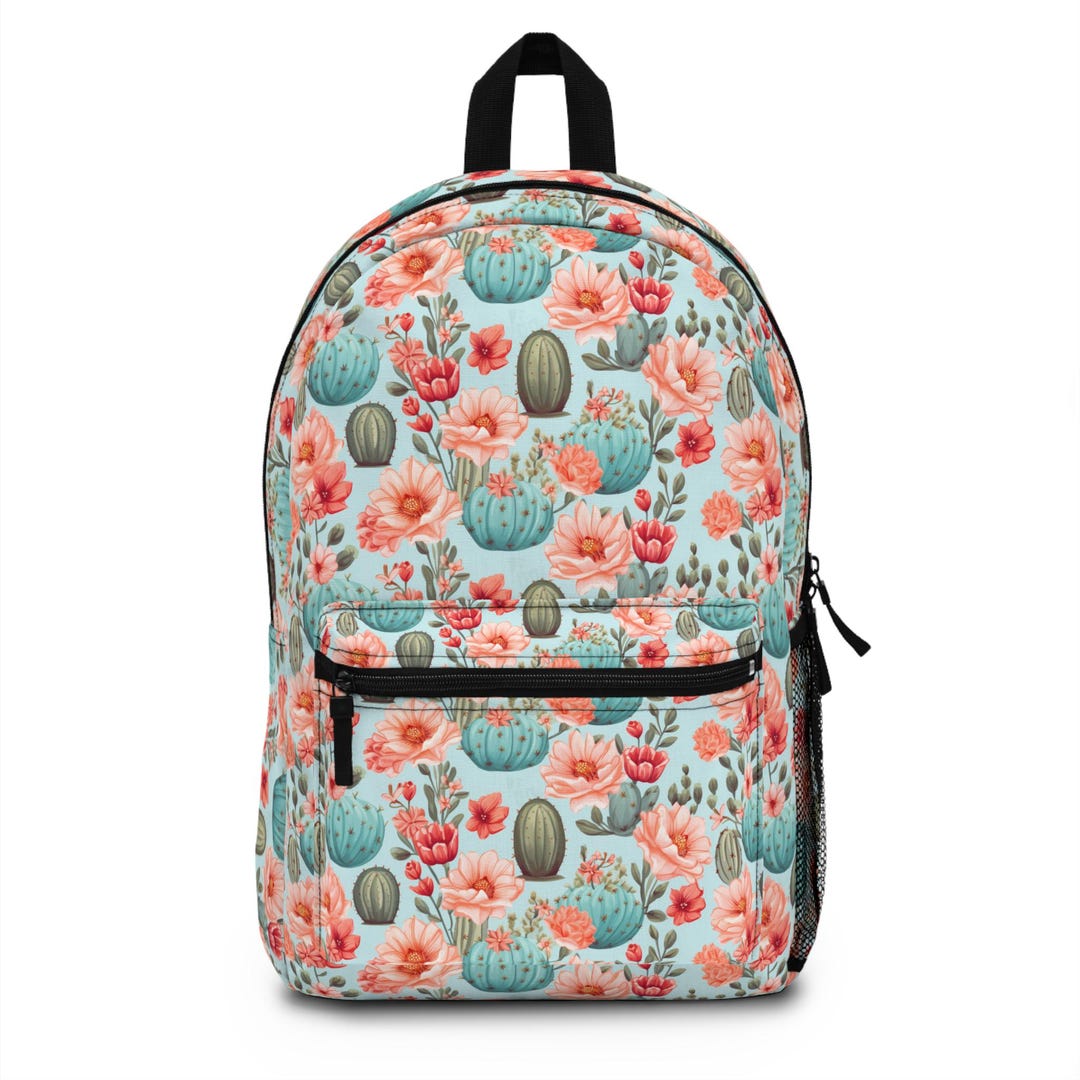 Cactus Backpack With Laptop Pocket, Lightweight, Blue and Pink Floral ...