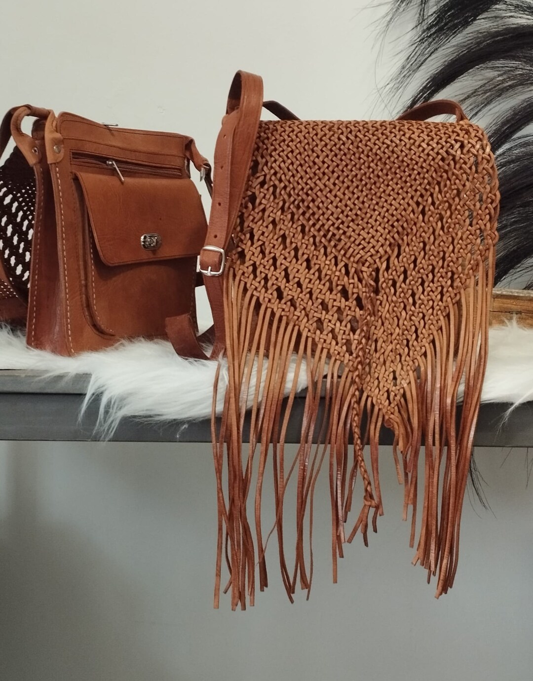 Vintage Moroccan Bag, Shoulder Bag, Braided Leather Bag, Fringed ...