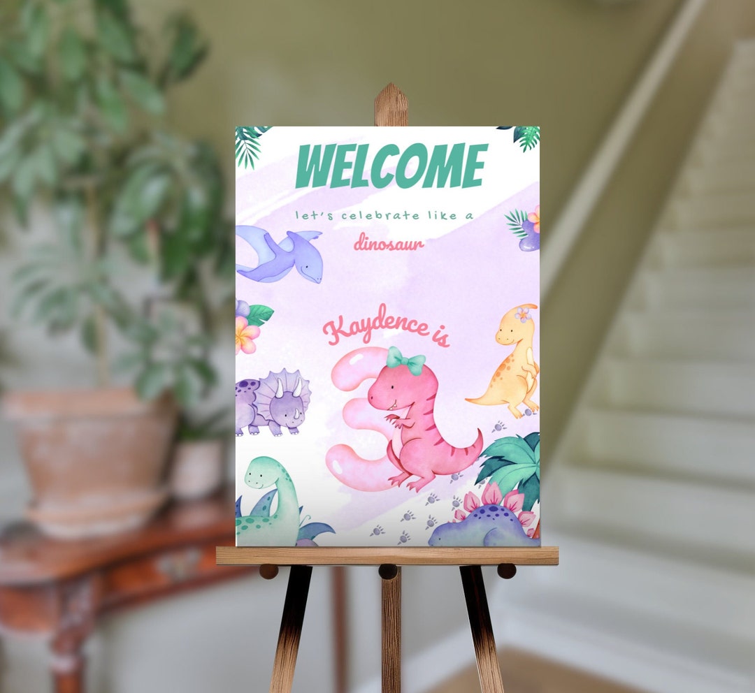 Editable Dinosaur Theme 3rd Birthday Welcome Sign Canva Template ...