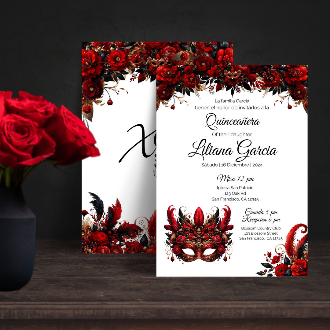 Elegant Red, Black & Gold Masquerade Ball Quinceañera Invite - Editable ...
