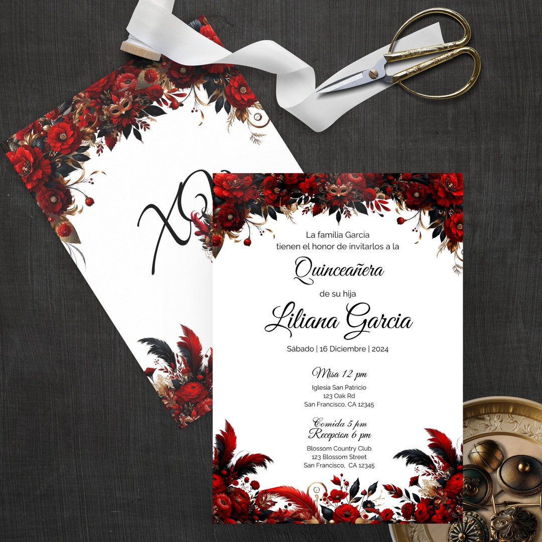 Spanish Masquerade Quinceañera Invite - Luxurious Red, Black & Gold ...
