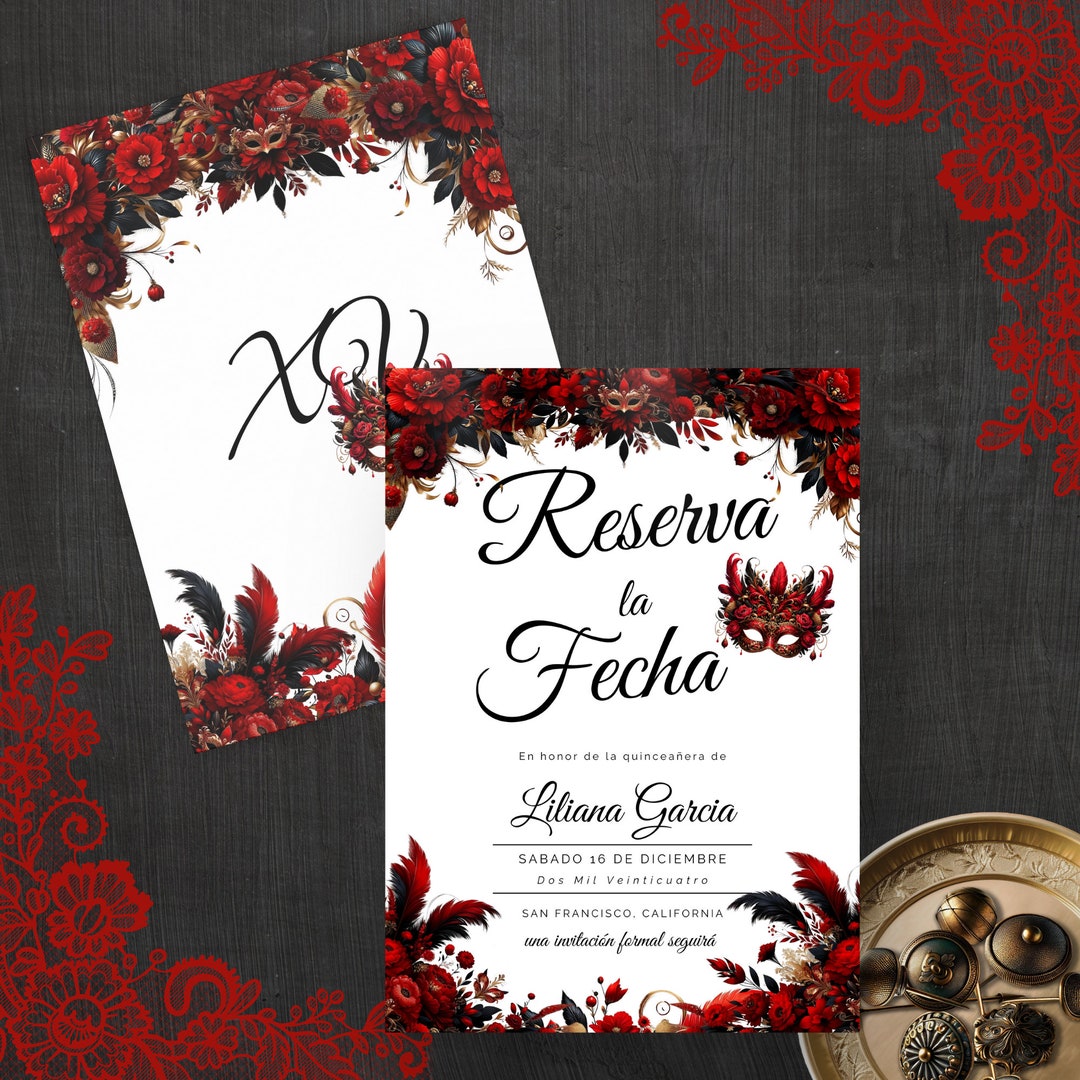 Editable Spanish Quinceañera Save the Date - Masquerade Theme in Red ...