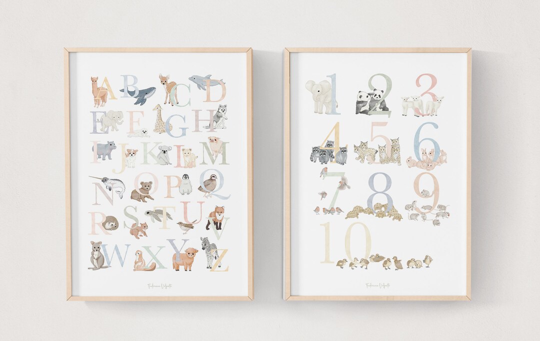 ALPHABET + NUMBERS ANIMAL Set Poster for Children, Abc, Nursery Gift ...